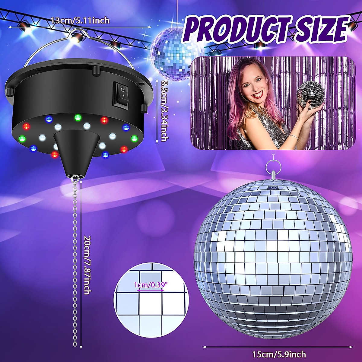 10 RPM Disco Ball with Motor and Disco Ball — Plug/Battery Powered Disco Ball Light with 4 Color Lights,18 LED Beads and Mirror Ball, Christmas Party, Back to 70s Theme Party Supplies