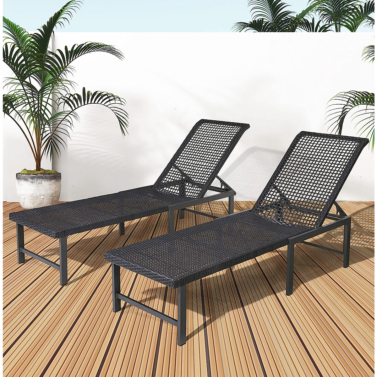 Outdoor Chaise Lounge Chair Set of 2, Rattan Pool Chairs with Adjustable Backrest, Rustproof Aluminum Frame Tanning Chair, for Poolside, Backyard, Lawn, Deck（Dark Grey）