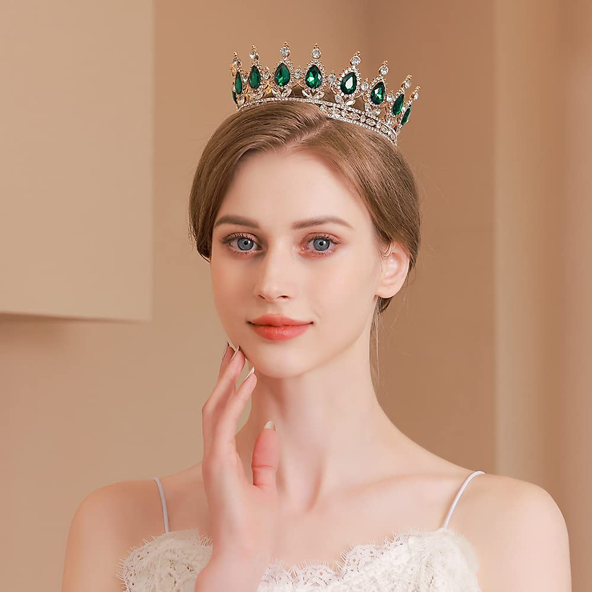 Kamirola Vintage Royal Queen Teardrop Rhinestone Diadem Tiaras Crown Pageant Prom Diadem Bride Wedding Hair Jewelry Accessories (Green-gold)