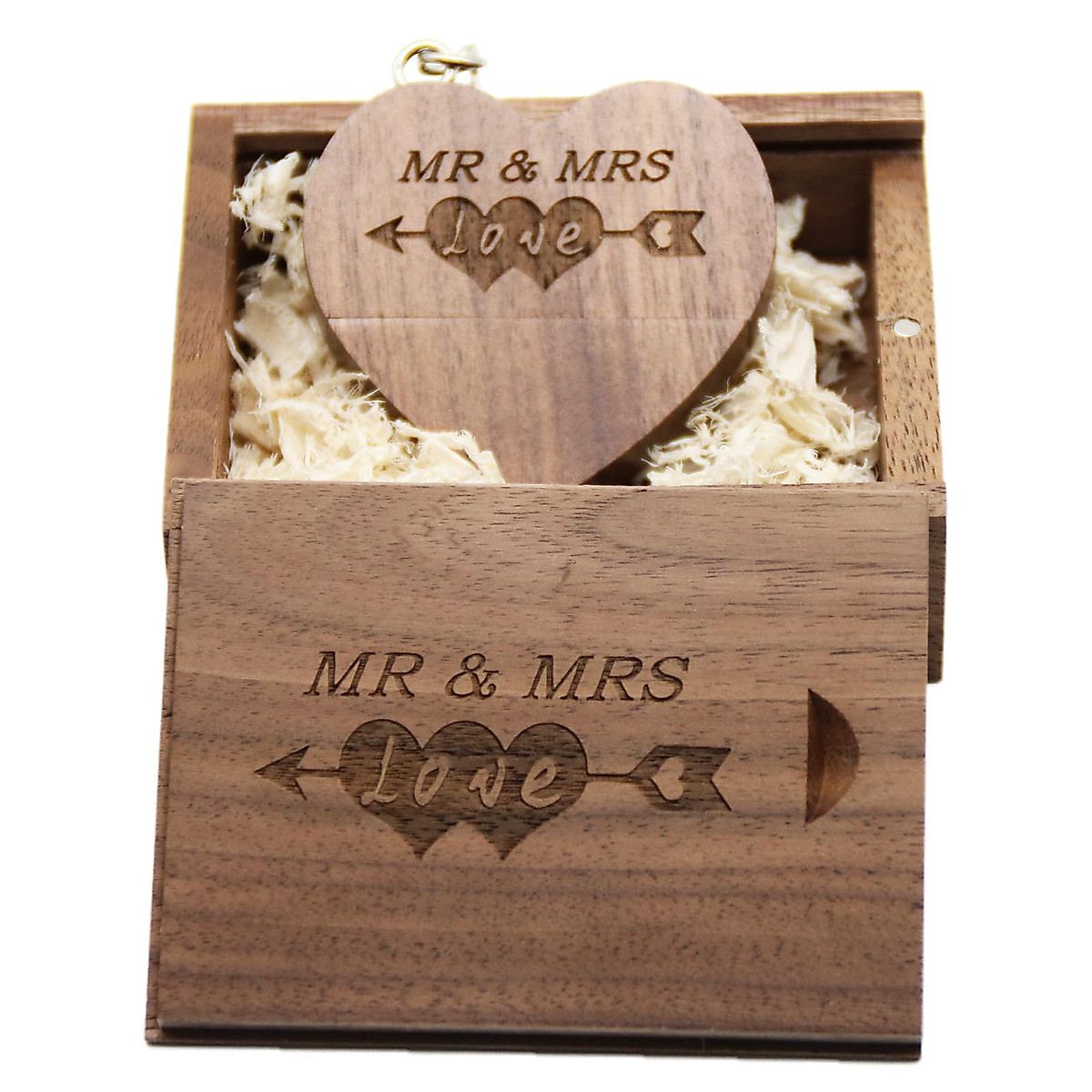 LXSINO 32GB Wood USB 3.0 Flash Drive with Laser Engraved Mr & Mrs Design - 32GB Wooden Heart Shape USB Memory Stick Thumb Drivers with Box for Wedding/Couple/Parents (Walnut 32GB)