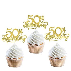 LECAKTO 24Pcs Gold Glitter 50th Anniversary Cupcake Topper Happy 50th Cheers to 50 Years Cupcake Topper 50th Birthday Wedding Anniversary Party Decoration Suppliers