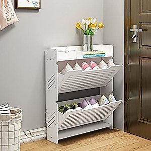 Cbhfmljd Modern Shoe Storage Cabinet, 2-Layer PVC Flip Drawer Shoe Rack Organizer Stand Entryway, Freestanding 2-Tier White Shoe Rack Hallways Photo Frame Tipping Bucket Storage Cabinet Stand