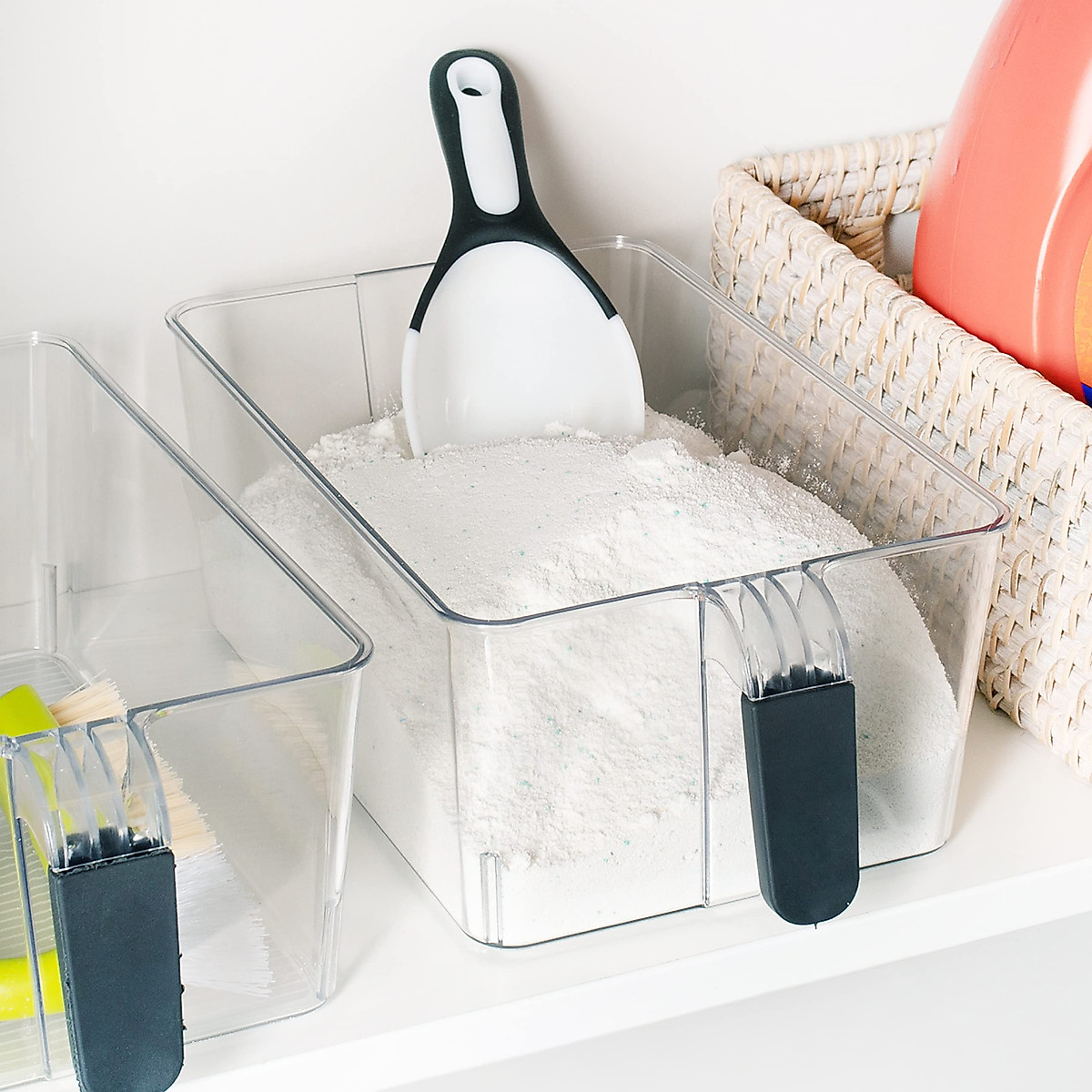 Ice Cube Tray + Ice Scoop For Freezer | Ice Bin & Flexible Scoop | BPA Free, Food Safe Ice Bucket | Clear Plastic Storage Bin, Laundry Detergent Holder, Freezer and Refrigerator Organizer Bin