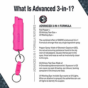 SABRE Advanced Pepper Spray Keychain with Quick Release – 3-in-1 Pepper Spray, CS Tear Gas & UV Dye – Maximum Strength Police OC Spray, Finger Grip for Better Aim – Optional Practice Spray