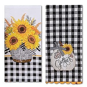 Harvest Sunflower Charm Farmhouse Kitchen Towel Gingham Checks Set of 2 by Kay Dee Designs
