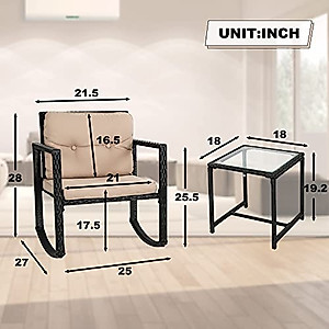 Wicker Patio Furniture Sets 3 Piece Outdoor Bistro Set Rocking Chair Patio Set Rattan Chair Conversation Sets for Backyard Porch Poolside with Coffee Table,Black