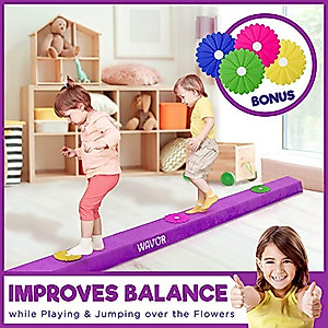 Wavor 8ft Balance Beam: 4 Flowers, 2 Ribbons, Foldable, Easy to Carry, Stable, Firm, 2 Color Options, 4-Inch Wide Kids Gymnastics Beam