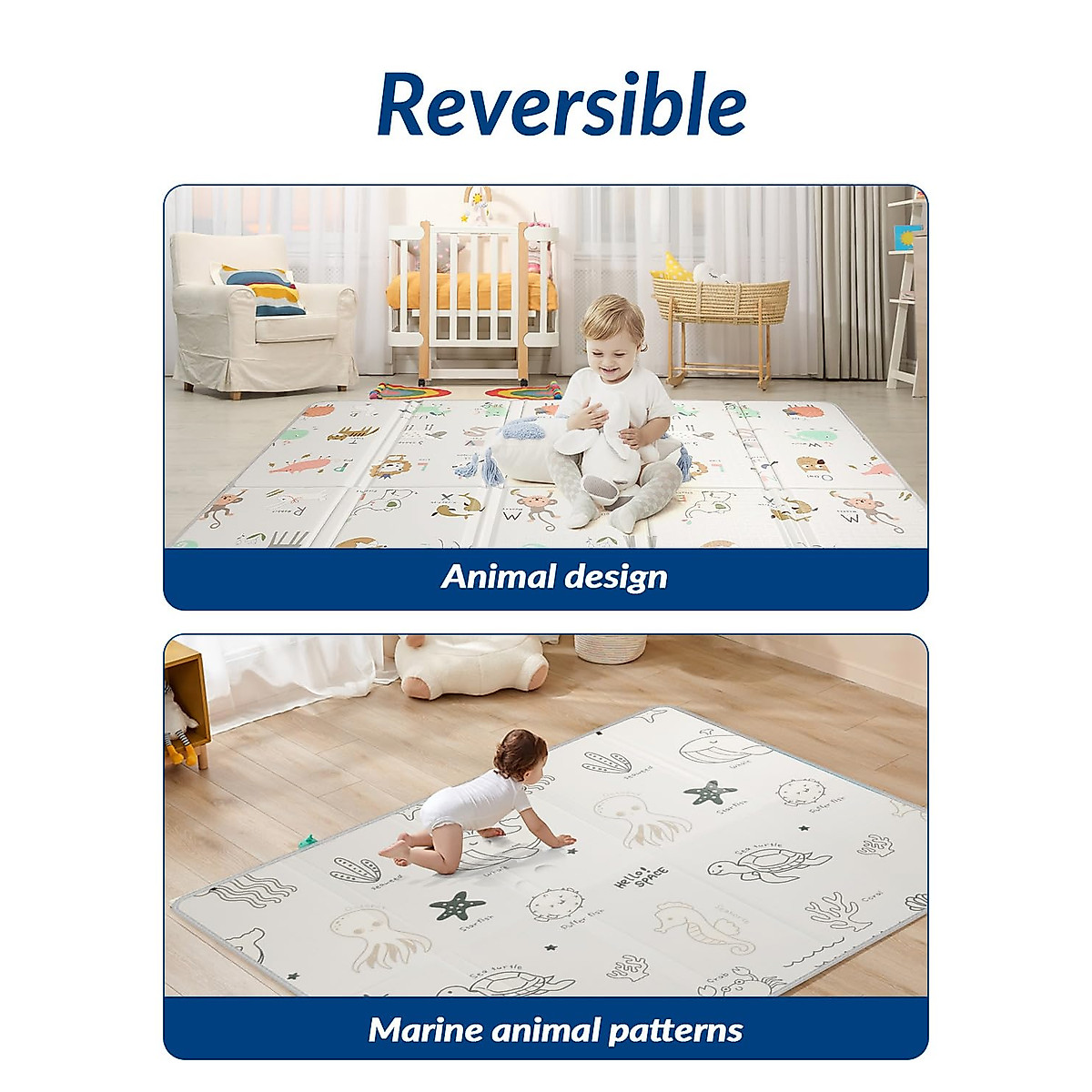 CreateBay Foldable Baby Play Mat, 79x71 Inch Thick 0.8 Inch XPE Foam Waterproof, Extra Large Crawling Mat for Floor Kids Infant Training Non-Slip Reversible Non-Toxic