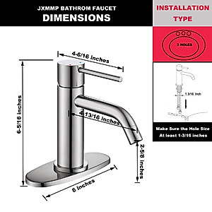 Brushed Nickel Single Hole Bathroom Faucets Single Handle, JXMMP Brushed Bathroom Vanity Sink Faucet with Pop Up Drain Assembly and 6 inch Deck Plate
