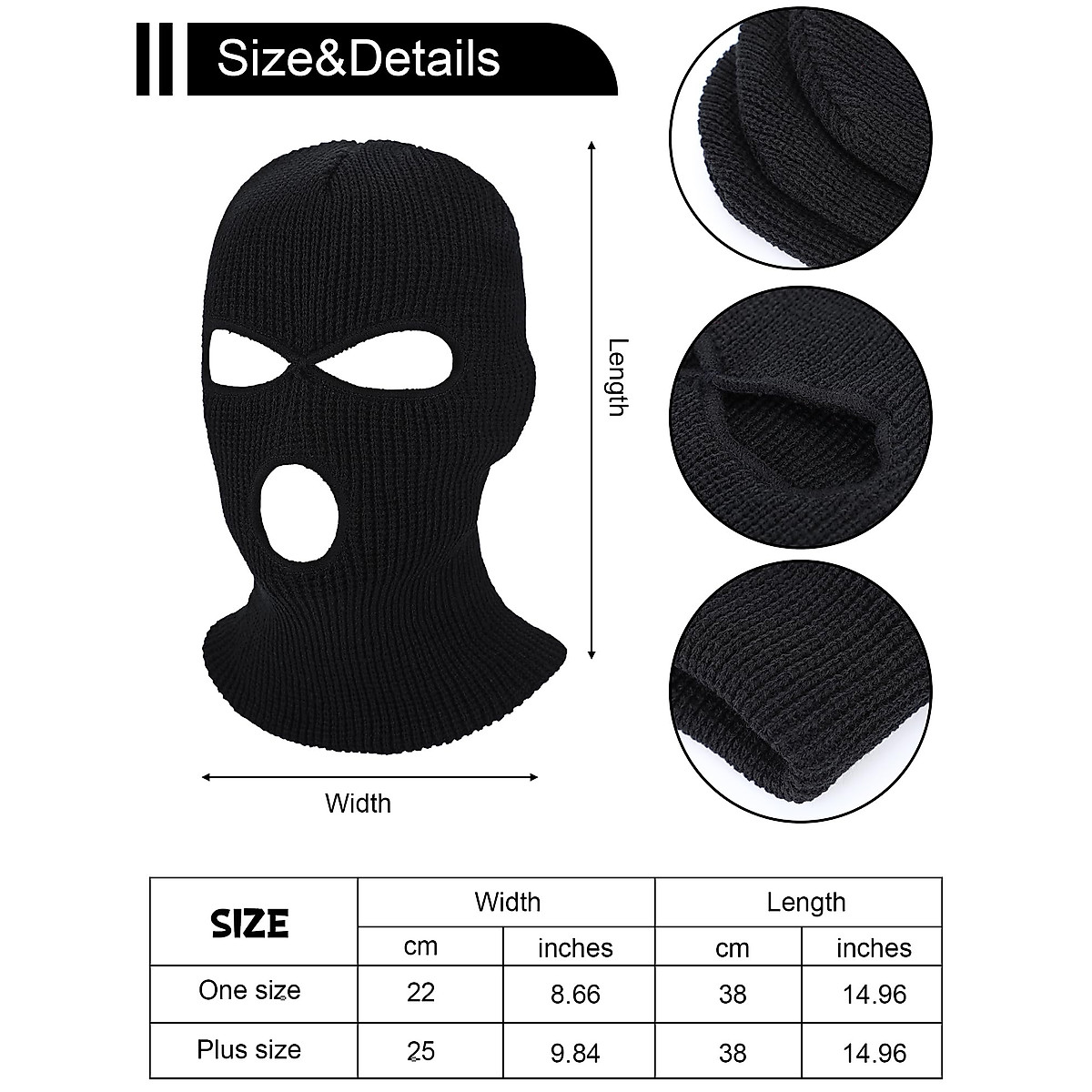 Geyoga 3 Pcs 3 Holes Knitted Full Face Cover Ski Mask Winter Knit Balaclava Outdoor Sports Thermal Ski Cover for Men Women(Black, Medium)