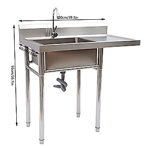 Utility Sink Stainless Steel Commercial Restaurant Kitchen Sink Free Standing Sink with Single Bowl Small Utility Sink for Laundry Workshop Garage (39.3" L x 23.6" W x 36.7" H, with Faucet)