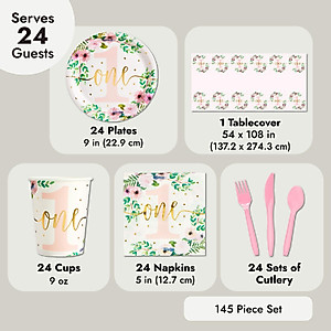 145-Piece Baby Girl's 1st Birthday Party Decorations, Floral Little Miss Onederful Dinnerware with Tablecloth (Serves 24)