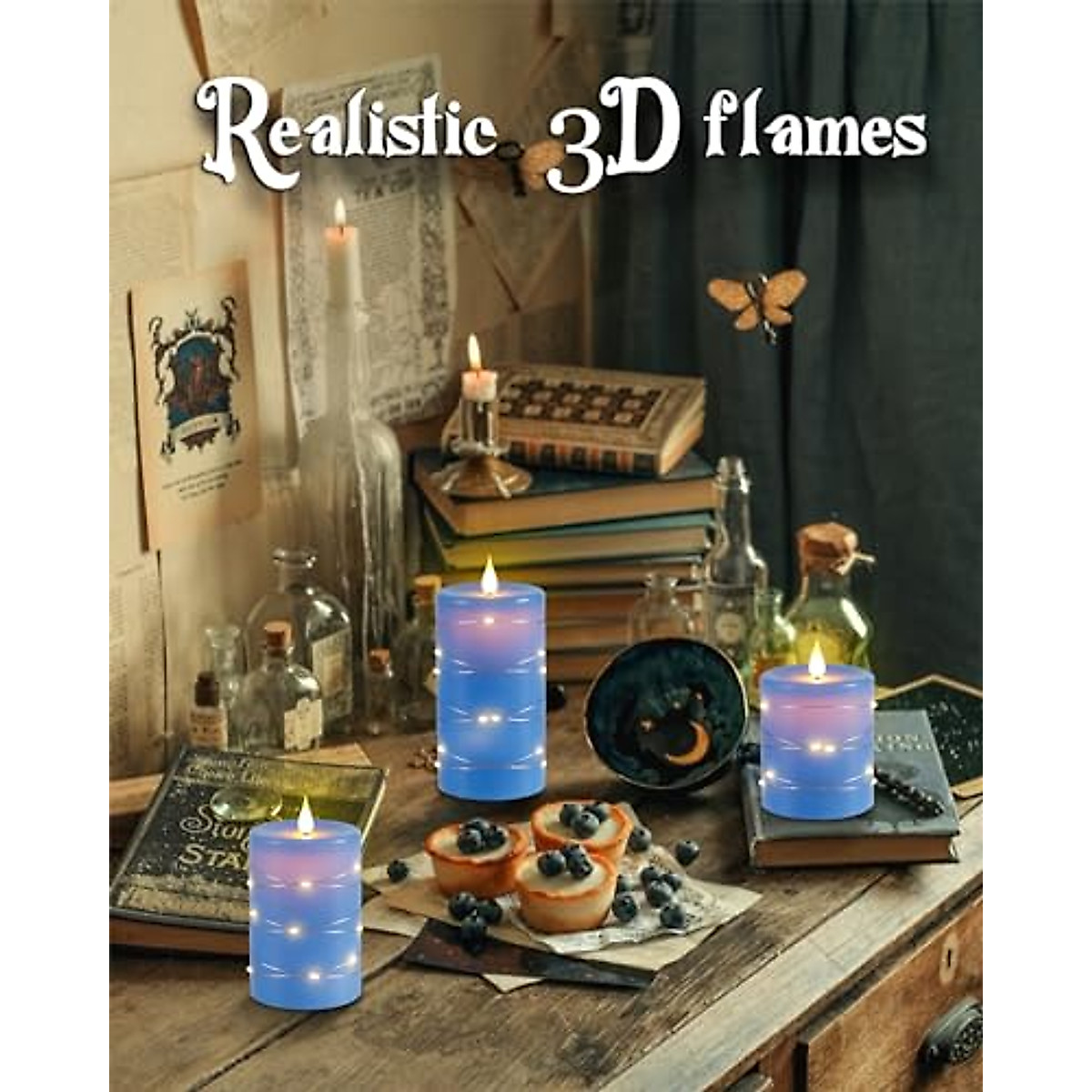 Upinmz Flameless Candle with String of Lights Battery Powered LED Candle Flashing Candle with Remote Control and Timer 3 Packs (Blue)