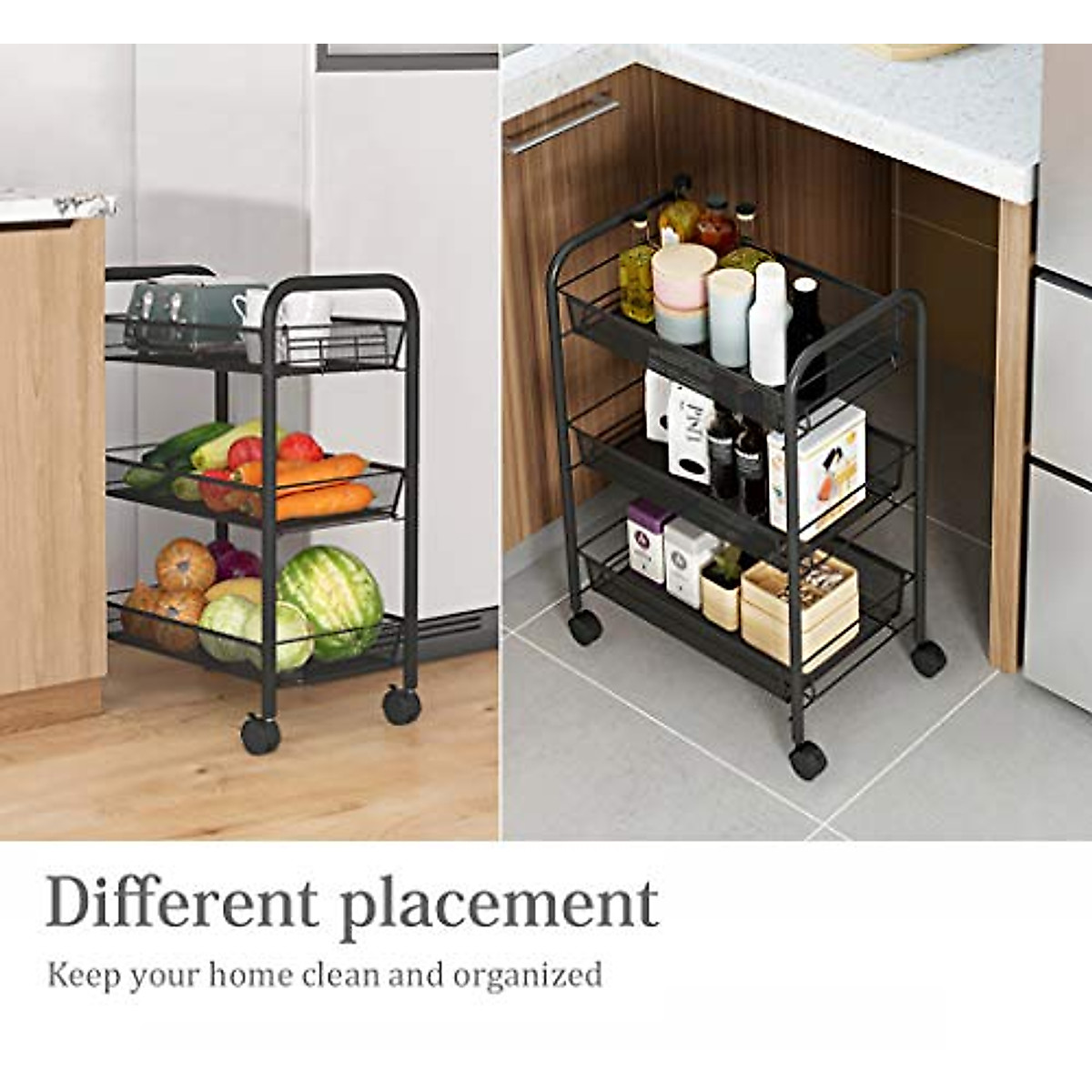 Rolling Storage Cart 3-Tier Metal Mesh Basket Shelves Organizer with Wheels for Home,Office,Kitchen,Bathroom,Bedroom(Black)