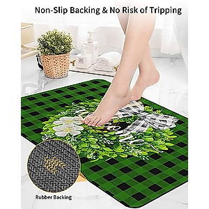 Green Plaid Bath Mat for Tub,Non Slip Bathroom Floor Runner Rug Quick Dry & Absorbent Diatomaceous Earth Kitchen Room Shower Sink Washable Doormat,Country Leaves Flower Plaid Grey Garland 16"x24"