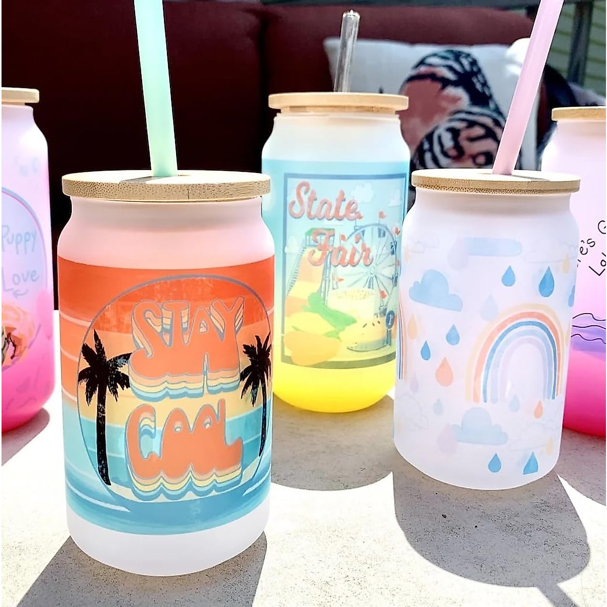 ABBSH Sublimation Glass Cups With Bamboo Lids And Straws, Frosted Sublimation Glass With Bamboo Lid 16OZ，Sublimation Beer Can Glass, Sublimation Frosted Glass Tumbler Blanks 12Pack