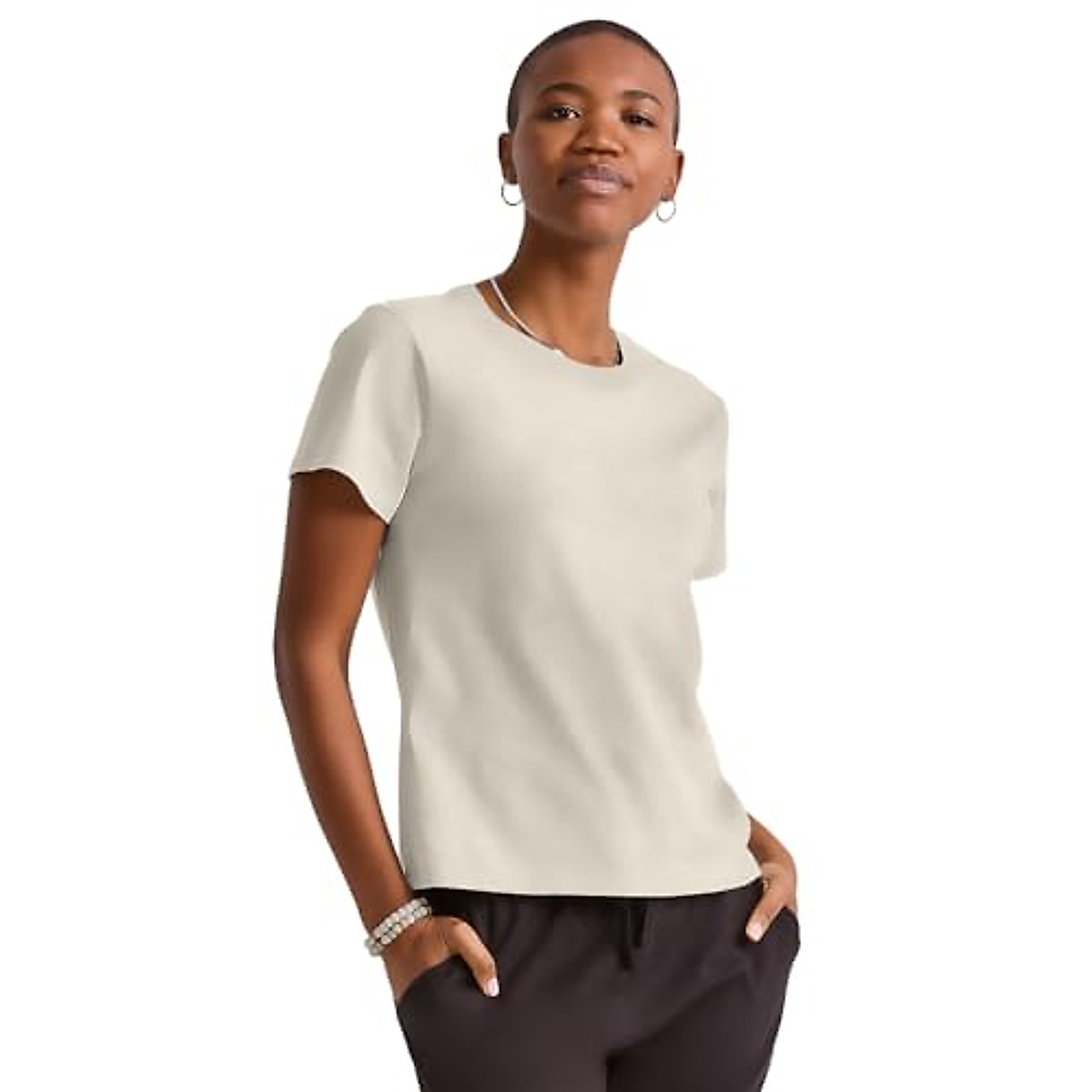 Hanes Comfortblend Originals Cotton T-Shirt, Classic Crewneck Women's Tee, Curved Back Hem, Natural, Large