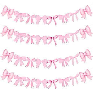 4Pcs Pink Bow Garland Banner, Pre Strung Pink Bow Banner Bow Party Decortions for Girls Bow Birthday Baby Shower Decorations, Coquette Birthday Party Coquette Bridal Shower, Bow Party Decor