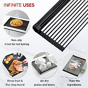 MERRYBOX Roll Up Dish Drying Rack Silicone Wrapped Over The Sink Dish Drying Rack Multipurpose Foldable Sink Drying Mat Anti-Slip & Anti-Rust Dish Rack for Kitchen, 17.5" x 13", Black