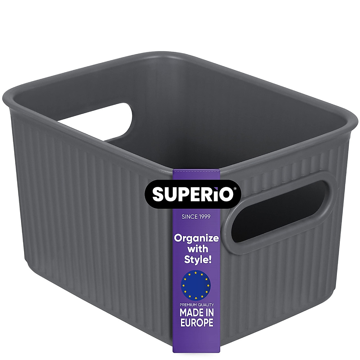 Superio Ribbed Collection - Decorative Plastic Open Home Storage Bins Organizer Baskets, Small Grey (1 Pack) Container Boxes for Organizing Closet Shelves Drawer Shelf 1.5 Liter