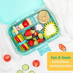 Kids Bento Lunch Box Yellow Accessories Kit, BPA FREE with Lifetime Replacement Guarantee, 18 Piece Set includes Food Picks, Wrap Bands, Forks and Spoons, reusable Silicone Cups