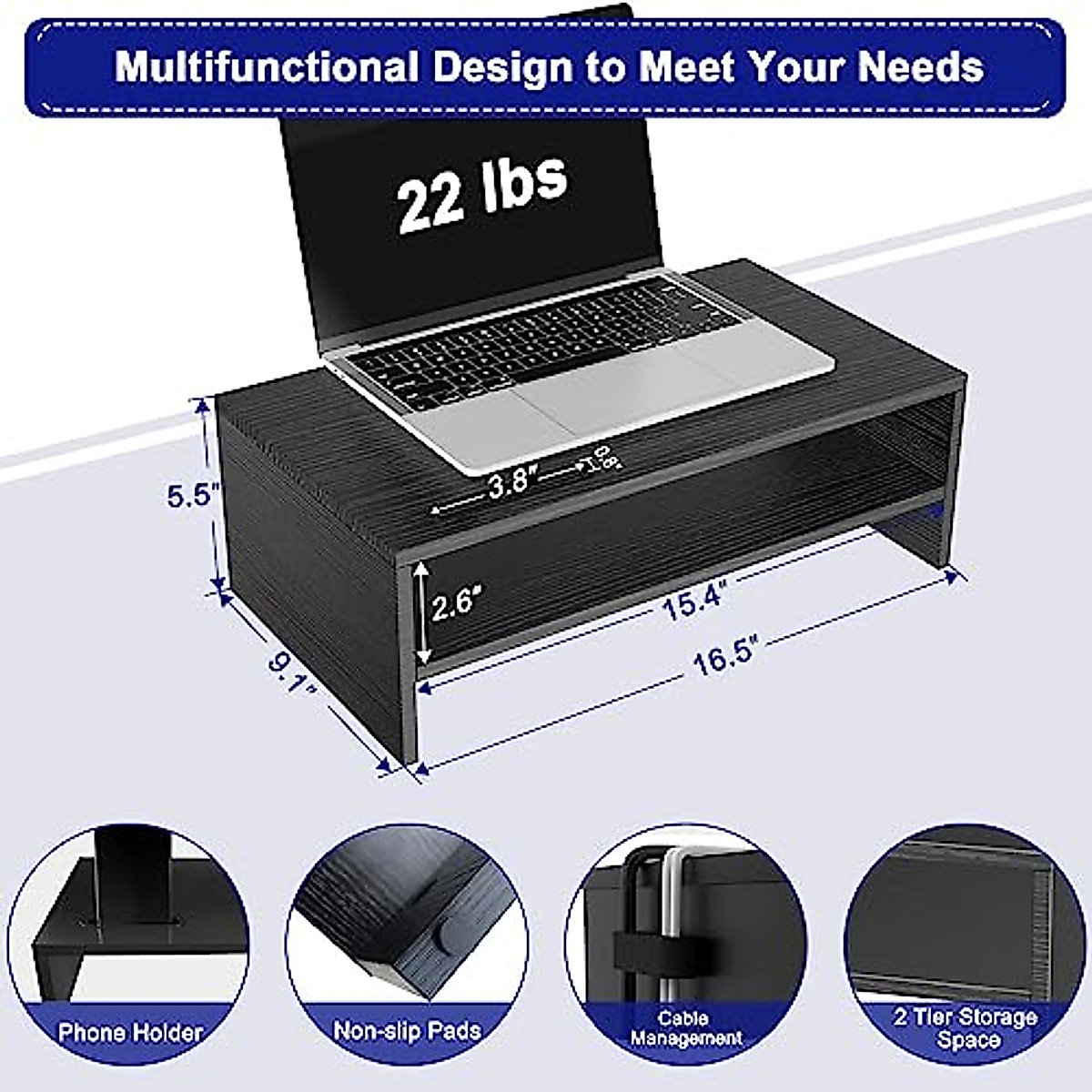 ERGO TAB Monitor Stand, Monitor Riser Wood 2 Tiers Desk Organizer Stand with Cellphone Holder, Laptop Printer Stand with Cable Management