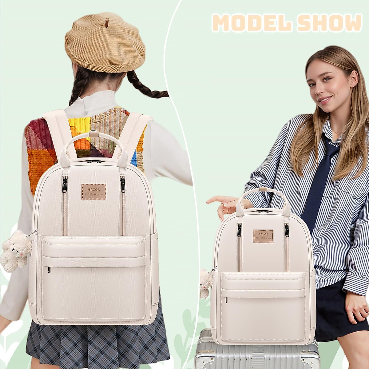 GAXOS Cute Backpack for School White Preppy Bookbags for Teen Girls Travel Aesthetic Backpack Women