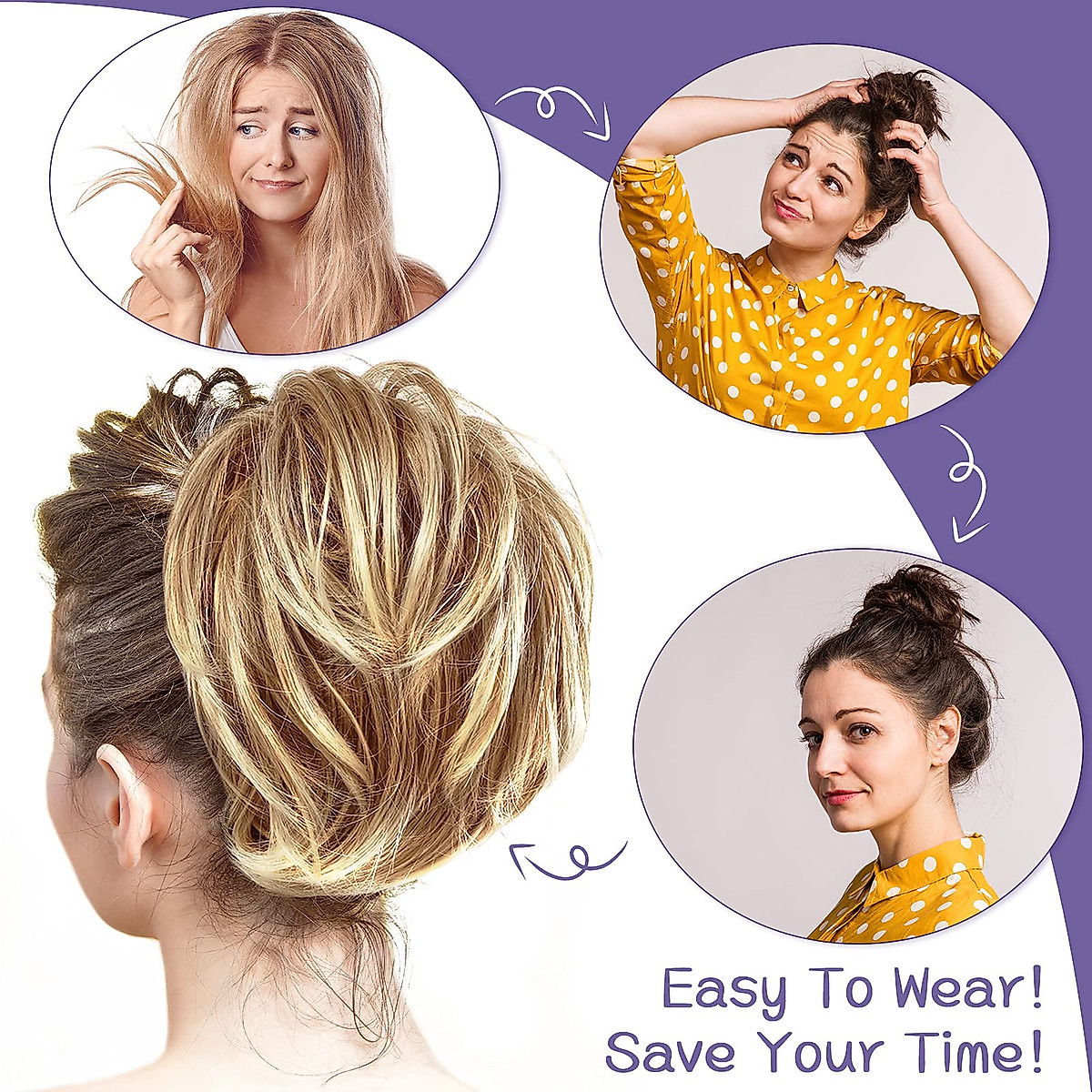 WILLBOND 4 Pcs Messy Hair Bun Hairpiece Tousled Updo for Women Hair Extensions Straight Short Ponytail Elastic Scrunchies Curly Hair Accessories (Honey Blonde mix Bleach Blonde/27T613, Basic Style)