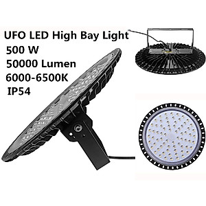 500W UFO LED High Bay Light,50000 Lumen,6000-6500K,IP54, Waterproof Dust Proof, Warehouse LED Lights High Bay Lighting for Garage, Factory, Gymnasium, Basement, Parking（Newest Design ）