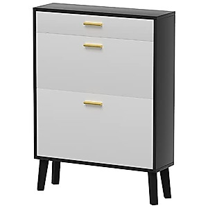 Visionwards Shoe Cabinet, Free Standing Shoe Storage Cabinet, Tipping Bucket Shoe Cabinets with 2 Flip Drawers, Hidden Narrow Shoe Rack Cabinet Storage Organizer for Entryway, Black