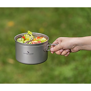 iBasingo Titanium Pot Pan Set with Folding Handle Outdoor Camping Soup Pot Bowl Frying Pan Mess Kit Ultralight Cookware for Picnic Travel Backpacking A-Ti2034C