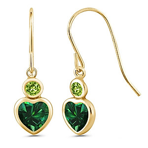 Gem Stone King 14K Yellow Gold Green Nano Emerald and Green Peridot Drop French Wire Earrings For Women (1.10 Cttw, Gemstone May Birthstone, Heart Shape 5MM, Round 3MM)