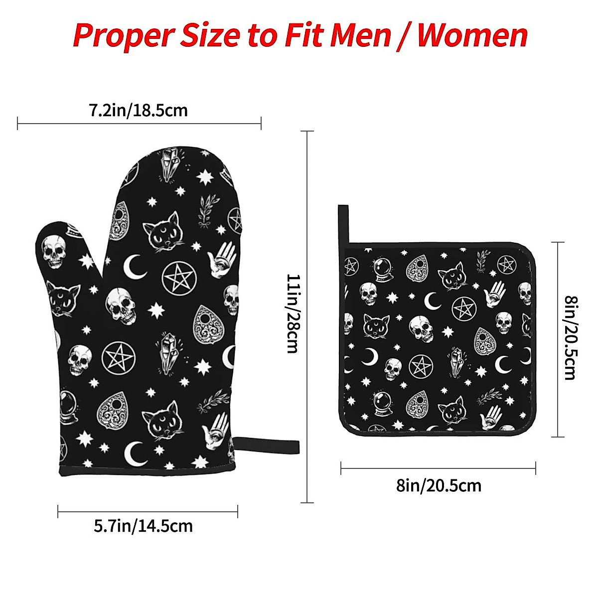 Skull Cat Moon Gothic Pattern Oven Mitts and Pot Holders 4 Pcs Sets Heat Resistant Gloves for Kitchen BBQ Cooking Baking Grilling