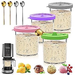 OPMGUWZY Pint Containers for Ninja Creami with Silicone Lids and Stainless Steel Spoon 4 Pack Compatible with NC299AMZ NC300s NC301 and CN301CO Series Ice Cream Maker, Airtight and Dishwasher Safe