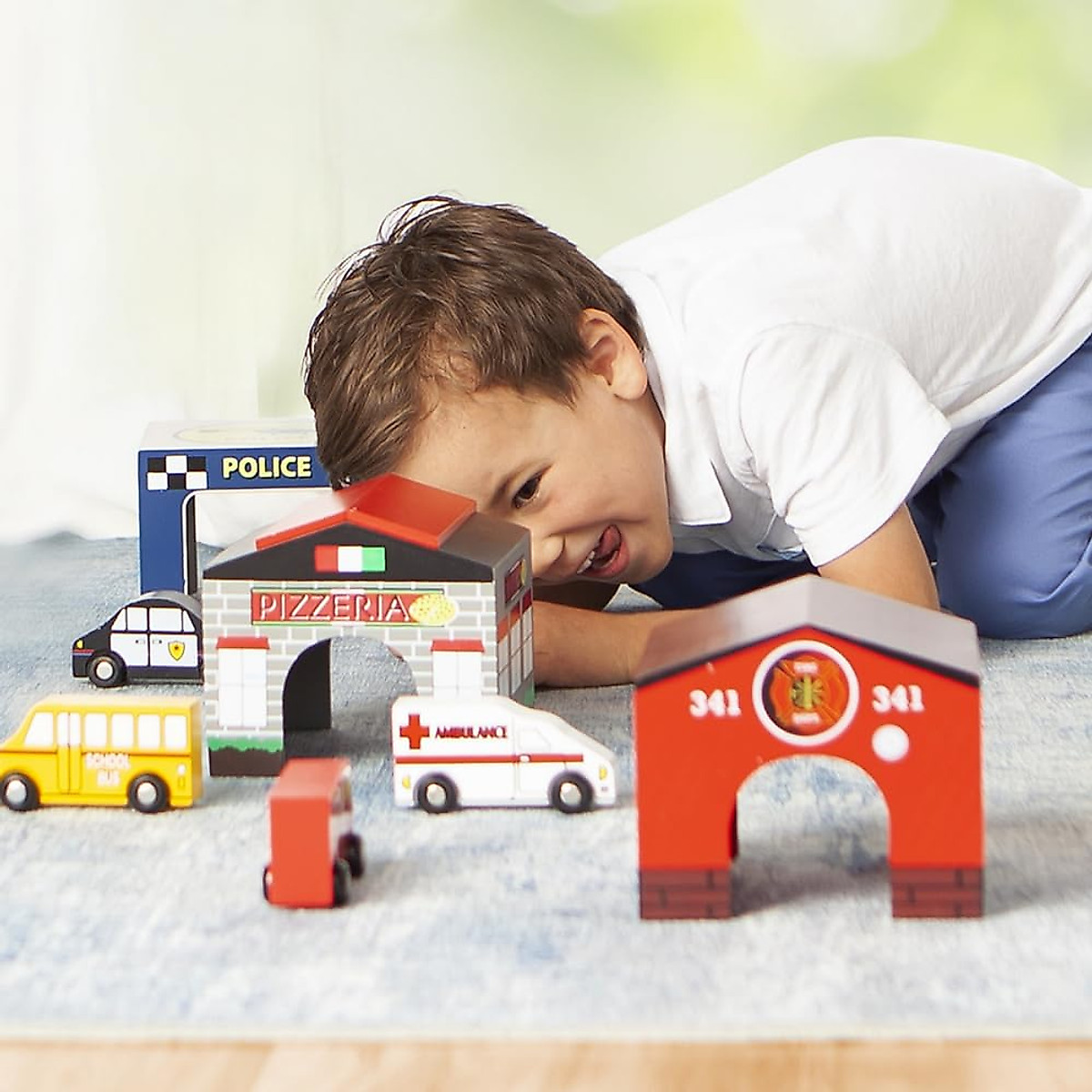 Excellerations 5.5 inches H, Wooden Town Block Play Structures, Houses, Set of 7, Preschool Educational Toy, Ages 3 Years and Up