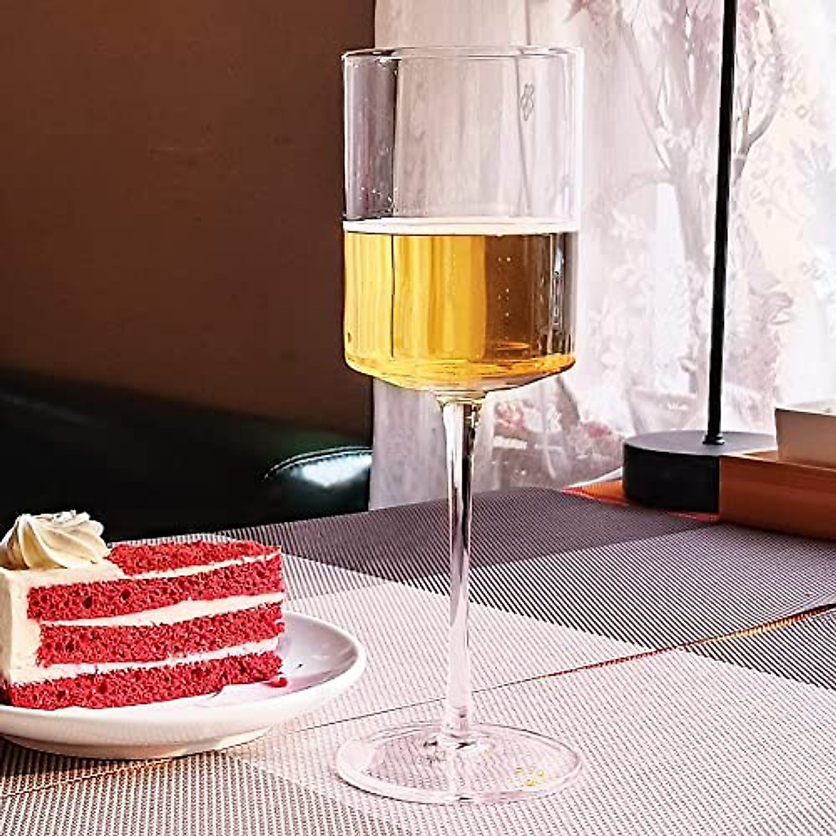 Red or White Wine Square Glasses With Stem set of 4-14oz Crystal Unique Modern Design - Large Long Stem wine glass Hand made 100% Lead-free glass - Entertaining Drinkware