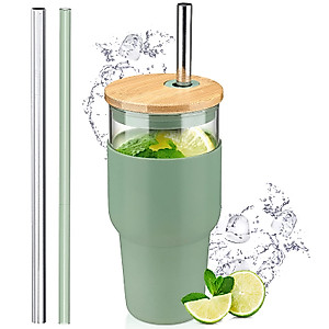 kytffu Tumbler with Lid and Straw, 24 oz Glass Tumbler Fits Cup Holder, Smoothie Cup Iced Coffee Tumbler for Bubble Tea, Water, Juice, With Silicone Sleeve Straw Cleaning Brush, Olive