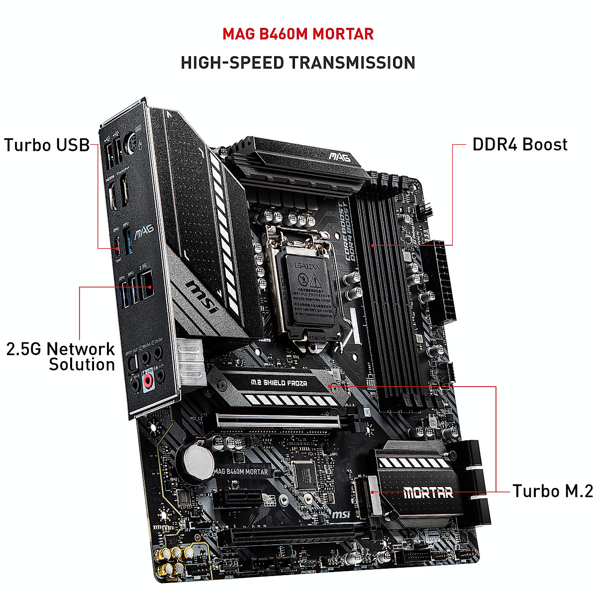 MSI MAG B460M Mortar Gaming Motherboard (mATX, 10th Gen Intel Core, LGA 1200 Socket, DDR4, CFX, Dual M.2 Slots, USB 3.2 Gen 1, 2.5G LAN, DP/HDMI)
