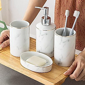 RUNLAIKEJI White Bathroom Accessories Set 4 Pcs,Home Bathroom Counter Set, Marbling Ceramic Bathroom Accessories with Soap Dispenser, Soap Dish, 2 Mouthwash Cups Box Packaging