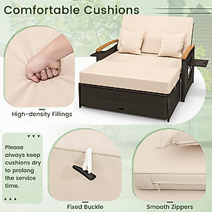 Tangkula Patio Rattan Daybed Set with Cushioned Loveseat and Storage Ottoman, Outdoor Double Chaise Lounger with 4-Level Adjustable Backrest and Retractable Side Trays for Backyard (Beige)