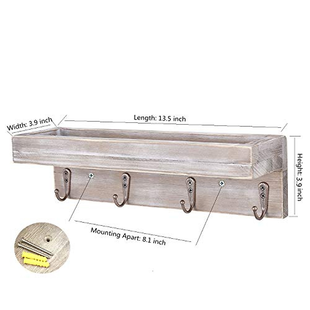 Flyisland Vintage Rustic Wood Wall Mounted Entryway Shelf with 4 Antique Metal Hooks (4 Hooks, Bronze)