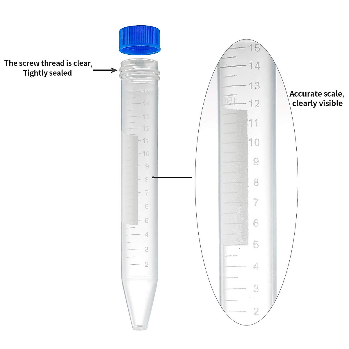 Ackers Conical Centrifuge Tubes 15mL, 100Pcs Sterile Plastic Test Tubes with Screw Caps, Polypropylene Container with Graduated and Write-on Spot, Non-Pyrogenic, DN/RNase Free | 2 Test Tube Racks