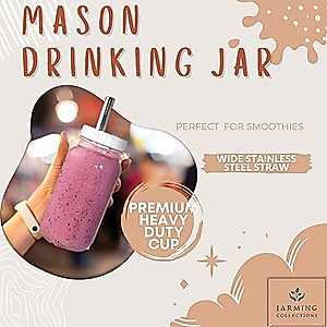 Reusable Smoothie Cup Regular Mouth 24 oz Mason Jar with Wide STAINLESS STEEL Straws Drinking Cups and Lids and Straws- Drinking Lid and BPA Leak Proof Caps by Jarming Collections