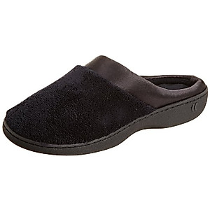 isotoner Women's Microterry PillowStep Satin Cuff Clog Slippers, Black, 7.5-8 B(M) US
