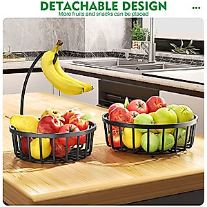 YFXCVSL 2 Tier Fruit Basket with Banana Tree Hanger, Countertop Fruit Vegetable Basket Bowl for Kitchen, Metal Wire Storage Basket Fruits Stand Holder Organizer for Bread Veggies Produce, Black