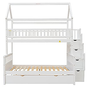 DEYOBED Twin Over Full House Shaped Wooden Bunk Bed with Trundle and Storage Staircase - Perfect for Kids and Teens, Maximizing Space and Convenience in Bedrooms