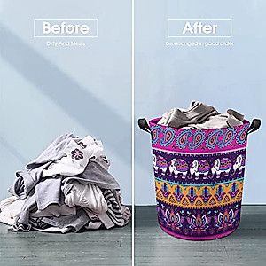 Paisley Hamsa and Indian Elephant Large Laundry Basket Hamper Bag Washing with Handles for College Dorm Portable