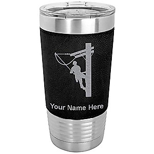 LaserGram 20oz Vacuum Insulated Tumbler Mug, Lineman, Personalized Engraving Included (Faux Leather, Black)