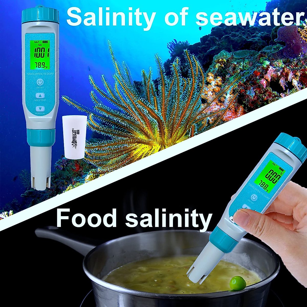 Divolight 7 in 1 Water Quality Tester Pen Meter for Pools, Drinking Water Aquariums hydroponic Cooking Tester Measure Water by 7 parameters: PH/TDS/EC/ORP/S.G/Water Salinity/Temp
