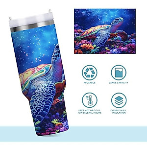 Slewiaeky Tumbler with Handle 40 oz Colorful Tortoise Turtle Travel Mug with Lid and Straw Ocean Stainless Steel Vacuum Insulated Water Bottle Cup for Iced Tea Coffee Cold Beverages Cup Holder Friend